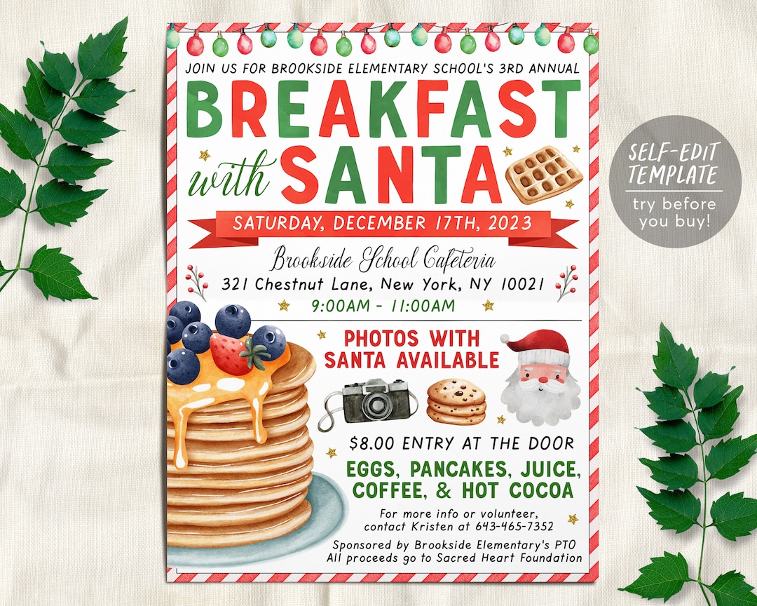 Breakfast With Santa Flyer Editable Template, Pancakes With Santa ...