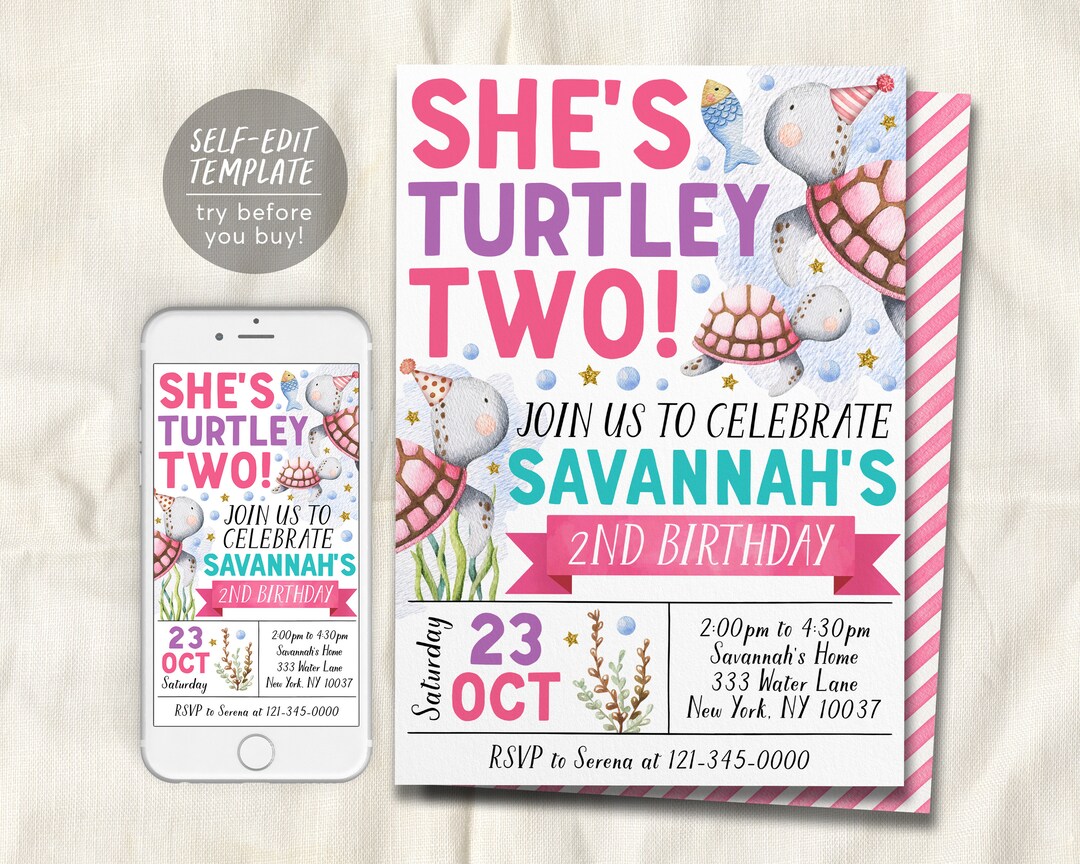 Turtle Second Birthday Invitation Editable Template, She's Turtley Two ...