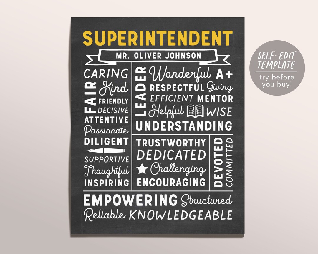 Editable Superintendent Chalkboard Gift Print Template, Custom ...