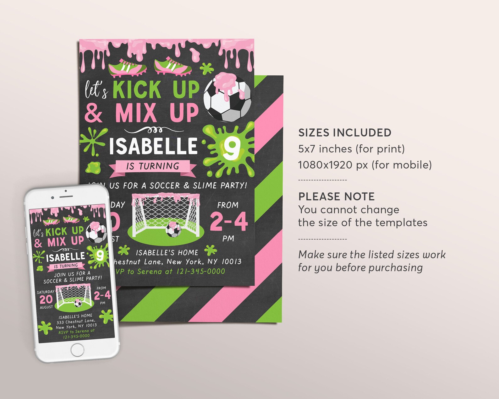 Girl Soccer and Slime Birthday Party Invitation Editable Template ...