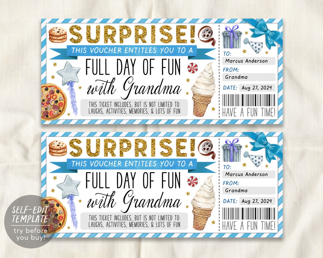 Fun Day Ticket Editable Template, Surprise Day of Fun With Grandma Gift ...