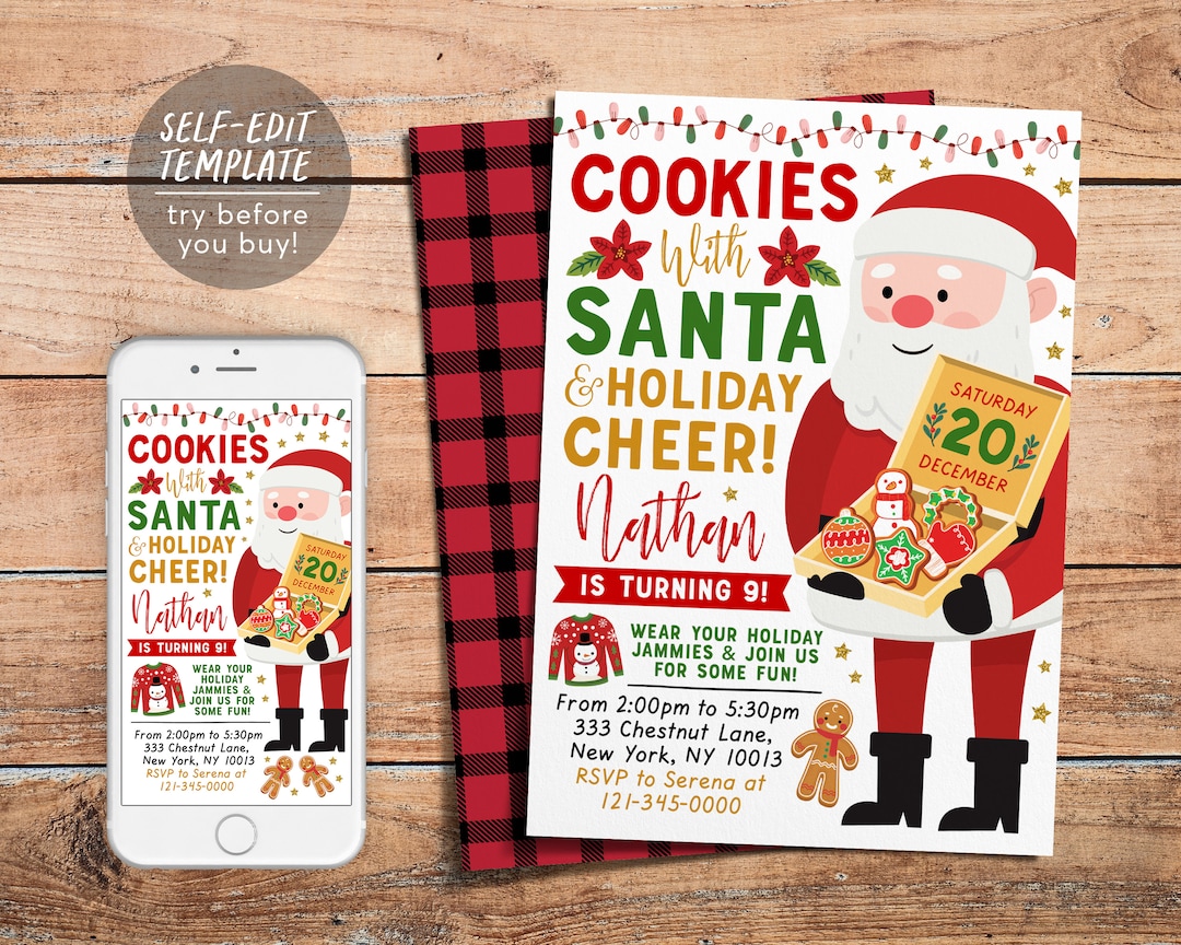 Cookies With Santa Invitation Editable Template, Cookies and Pajamas ...
