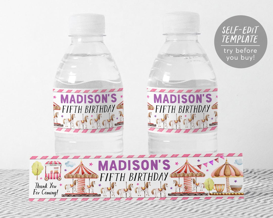 Carousel Bottle Labels Editable Template, Pink Carousel Birthday Party ...