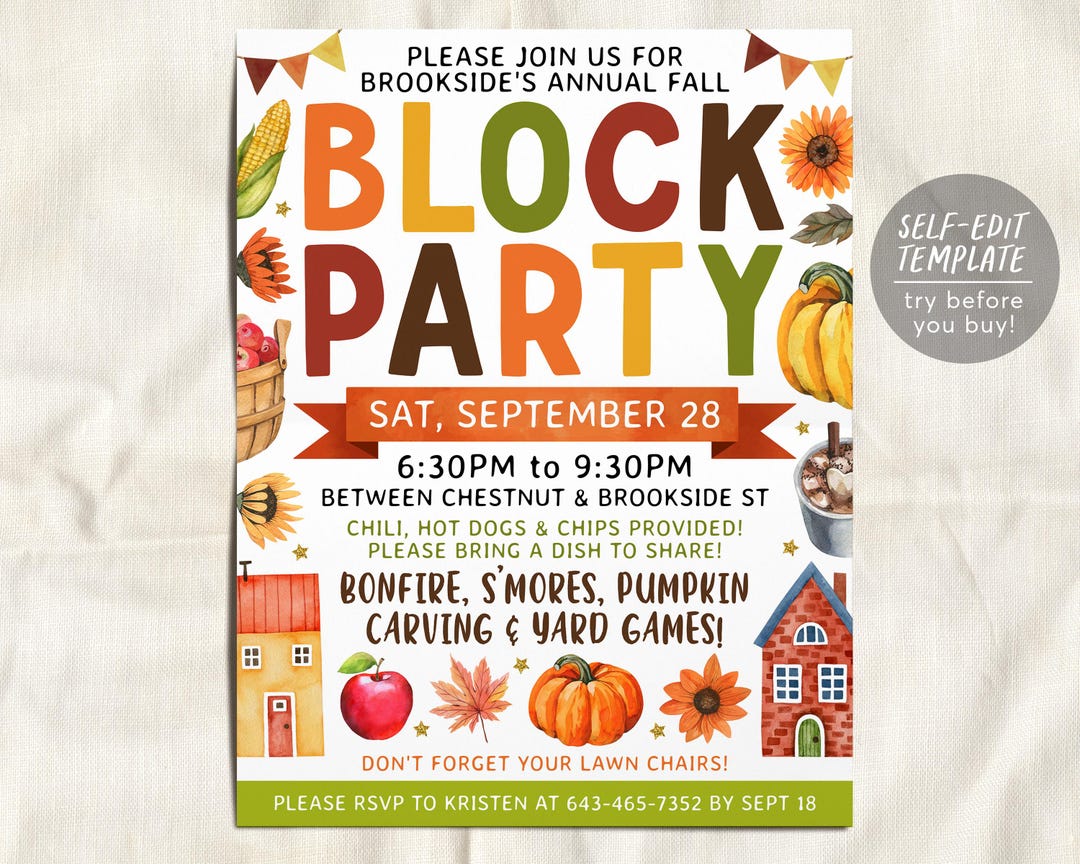 Fall Block Party Flyer Editable Template, Autumn Neighborhood Block ...