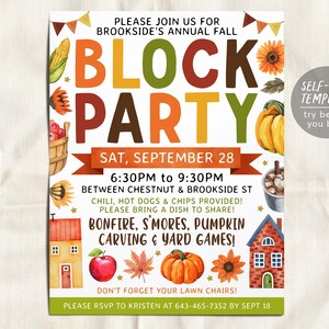 Fall Block Party Flyer Editable Template, Autumn Neighborhood Block ...