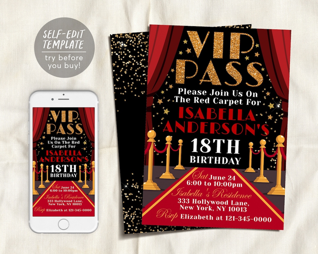 VIP Pass Birthday Invitation Editable Template, Hollywood Red Carpet ...