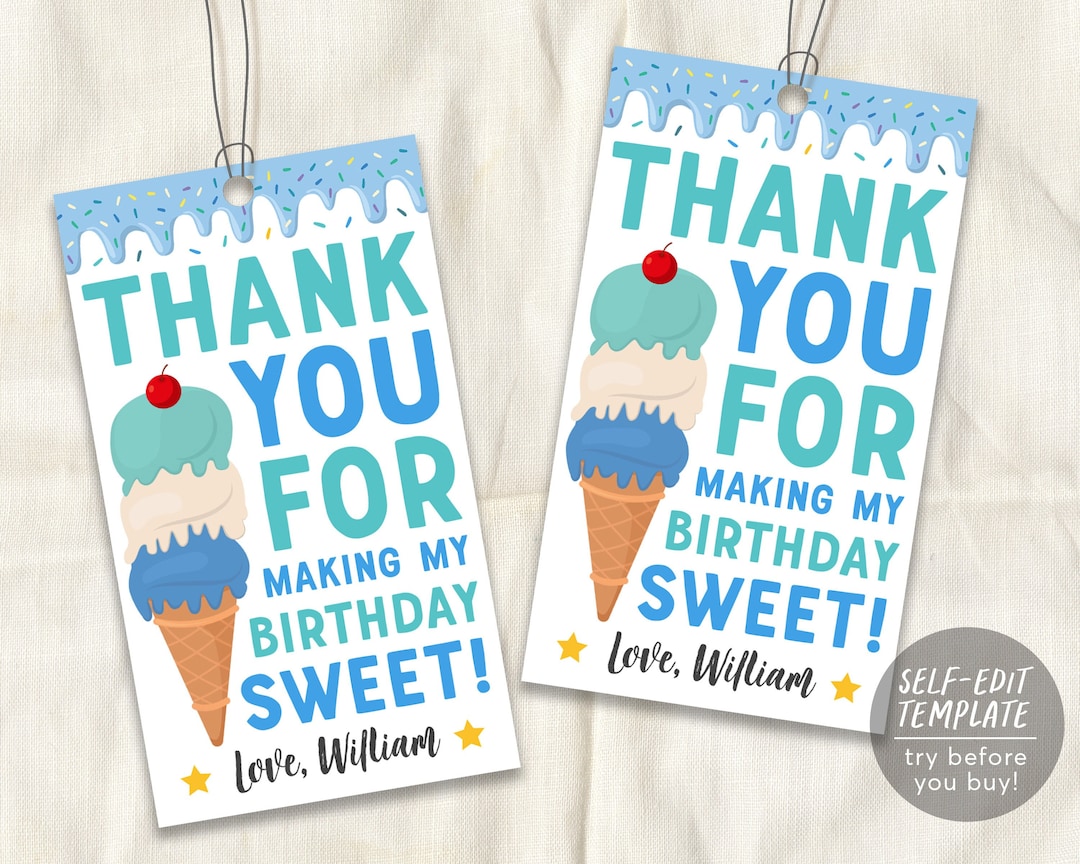 Ice Cream Birthday Party Thank You Gift Tag Editable Template, Ice ...