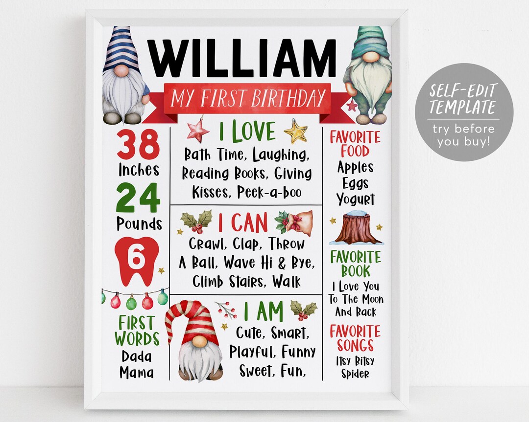 Gnome Birthday Milestone Sign Editable Template, Christmas Garden ...
