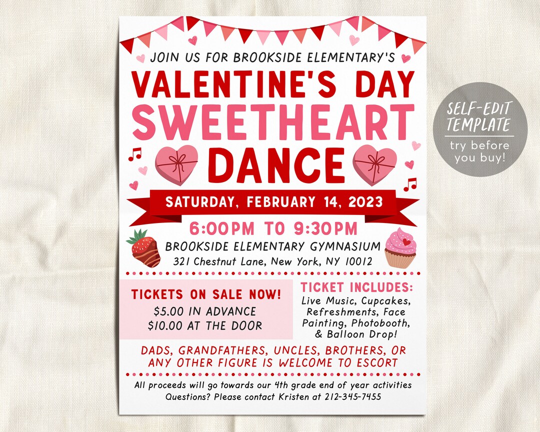 Valentine's Day Sweetheart Dance Flyer Editable Template, Valentines ...