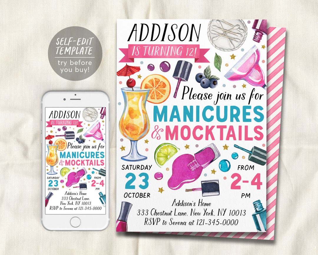 Manicures and Mocktails Party Invitation Editable Template, Pedicures ...