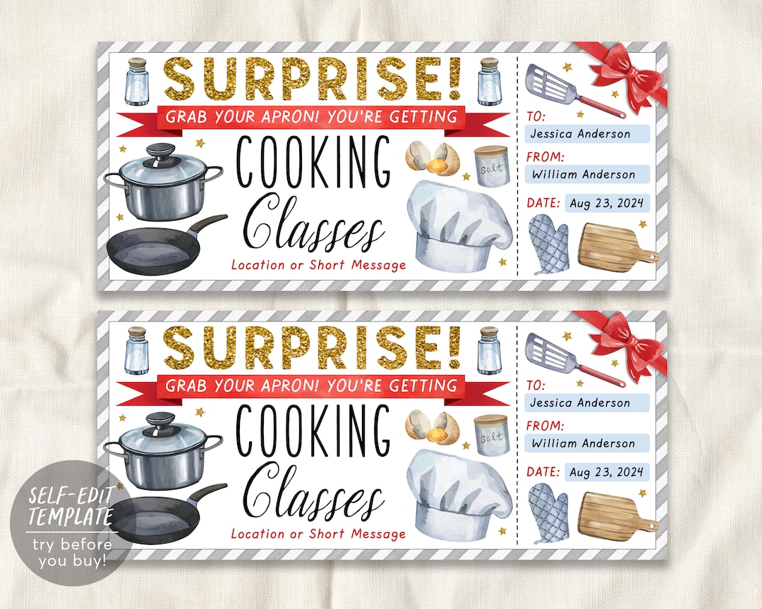 Cooking Classes Gift Certificate Ticket Editable Template, Surprise ...