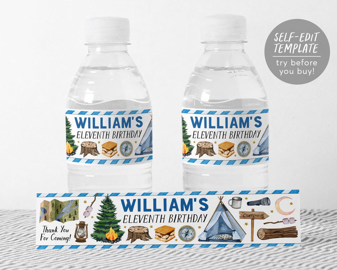 Camping Party Water Bottle Labels Editable Template, Boy One Happy ...