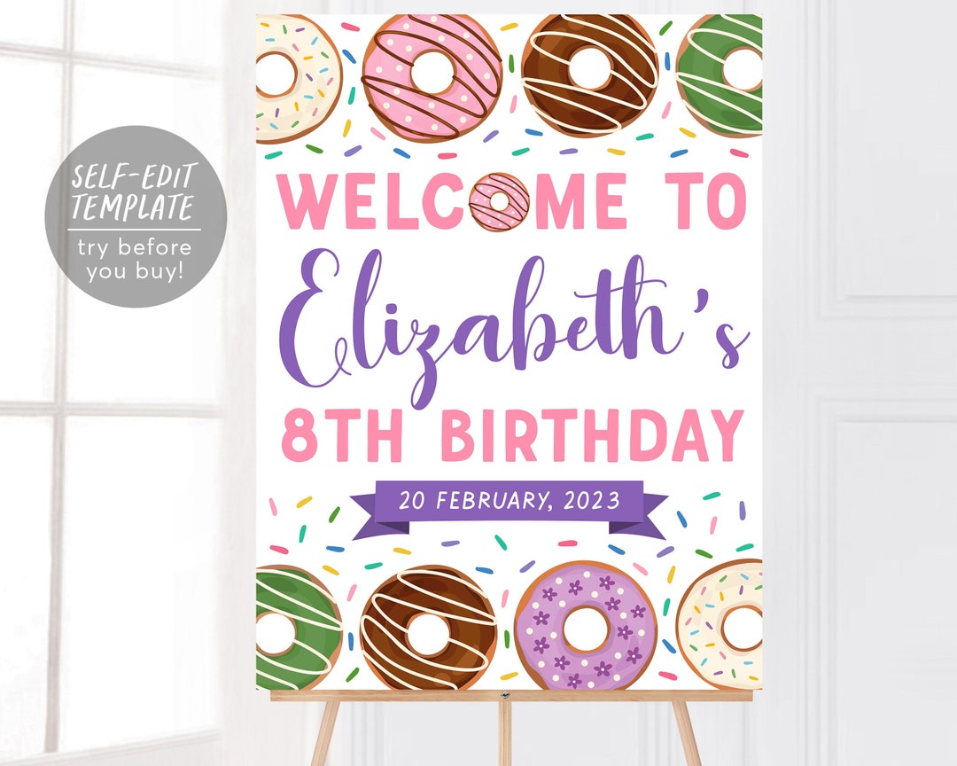 Donut Welcome Sign Girl Donut Party Editable Template, Birthday Party ...