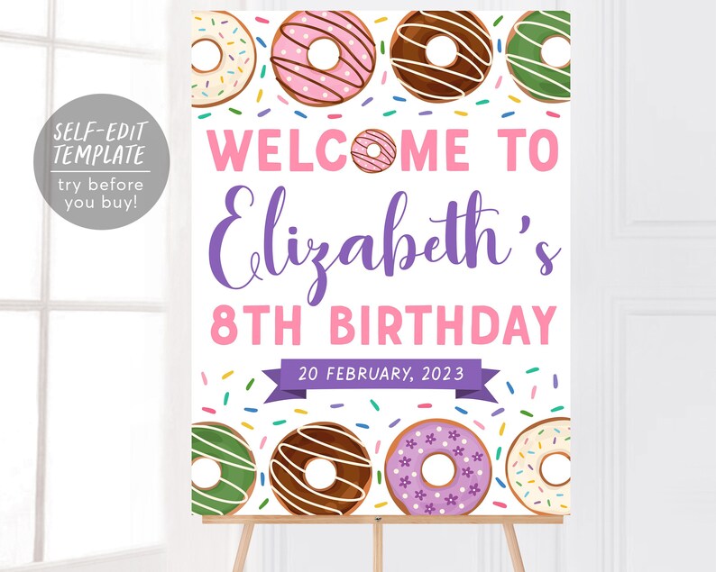 Donut Welcome Sign Girl Donut Party Editable Template - Etsy
