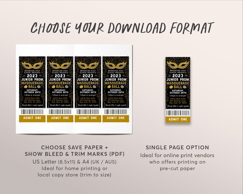 Masquerade Ball Ticket Prom Night Editable Template, Junior Senior Prom ...