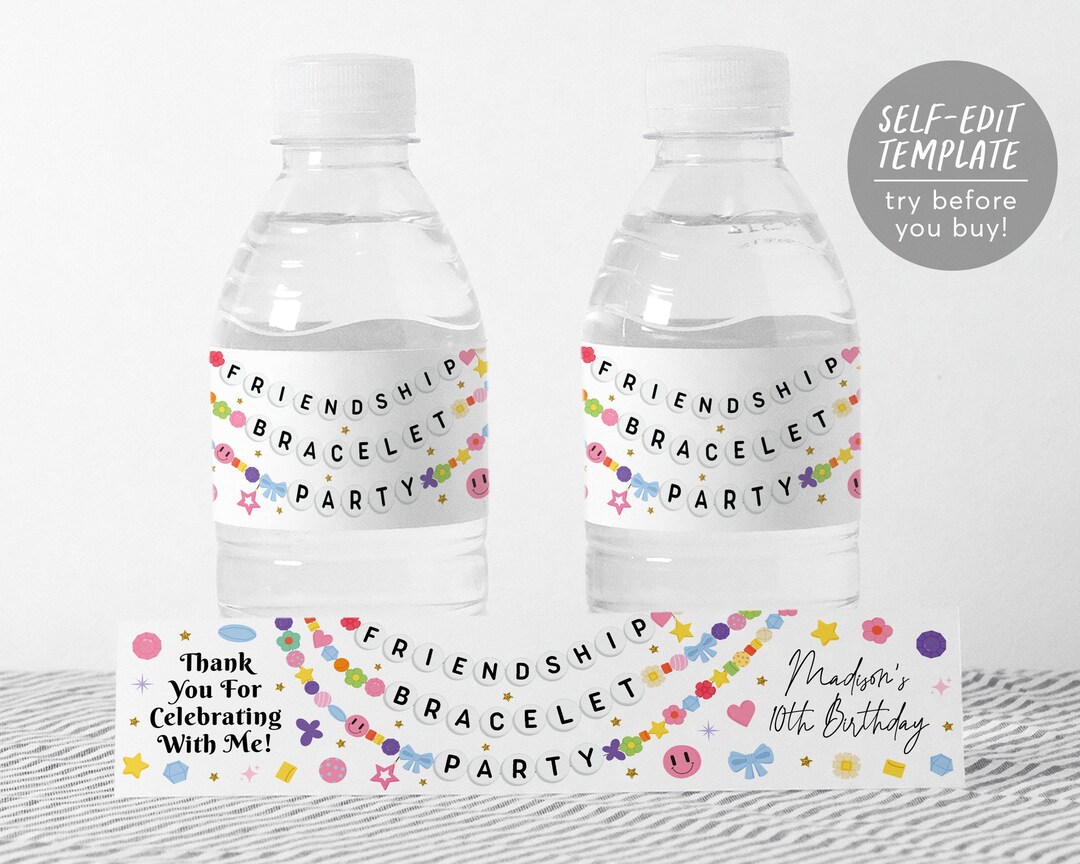Friendship Bracelet Water Bottle Labels Editable Template, Bracelet ...