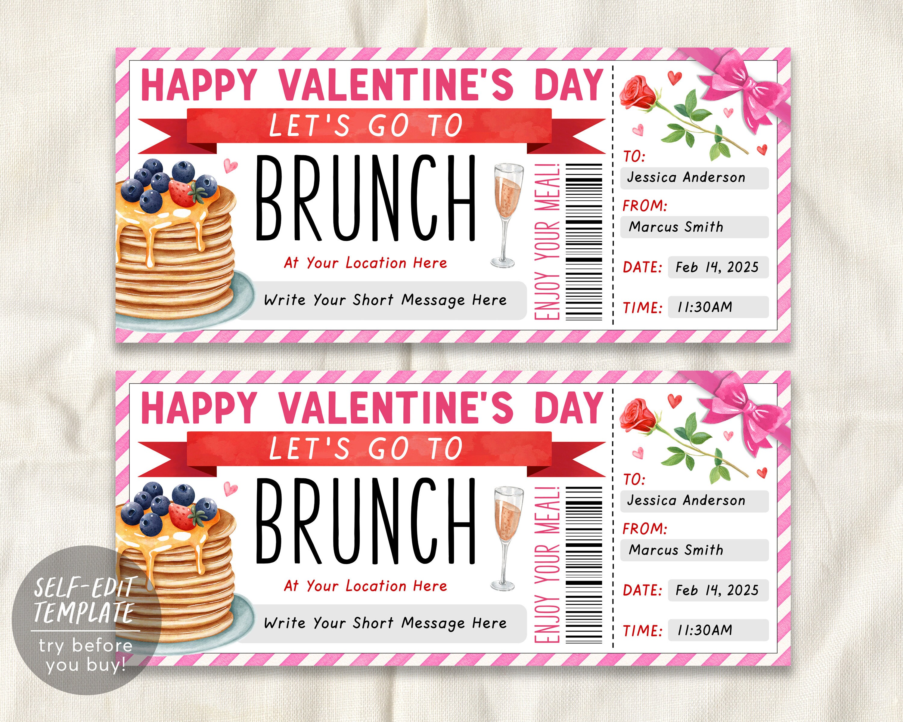 Valentines Day Brunch Coupon Ticket Editable Template, Anniversary ...