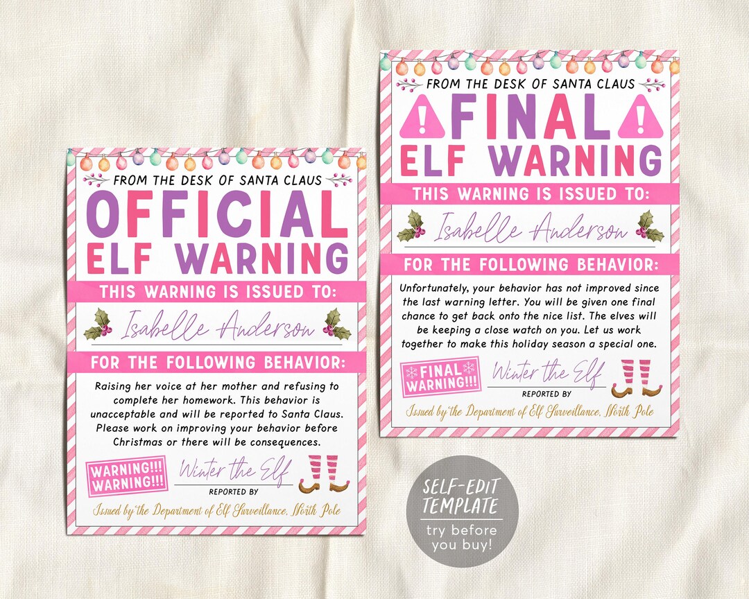 Pink Elf Warning Report Editable Template, Official Christmas Behavior ...