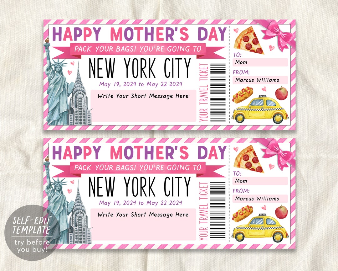 Mothers Day New York City Trip Ticket Editable Template, Surprise ...