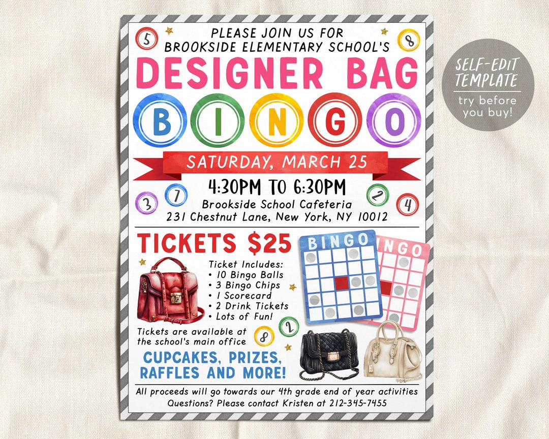 Designer Bag Bingo Night Flyer Editable Template, Womens Bingo ...