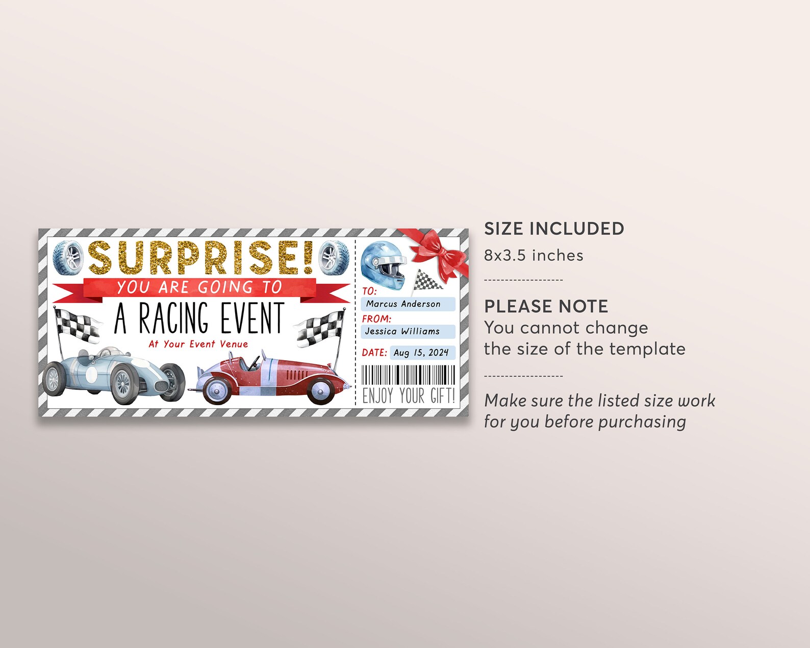 Car Race Ticket Gift Certificate Editable Template, Surprise Car Racing ...