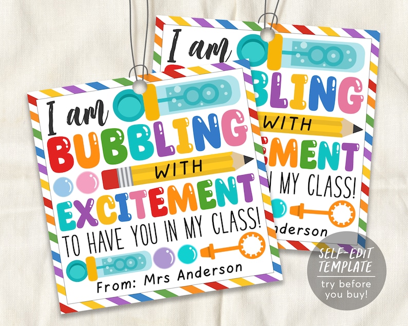 Bubbling With Excitement Back to School Gift Tag Editable Template ...