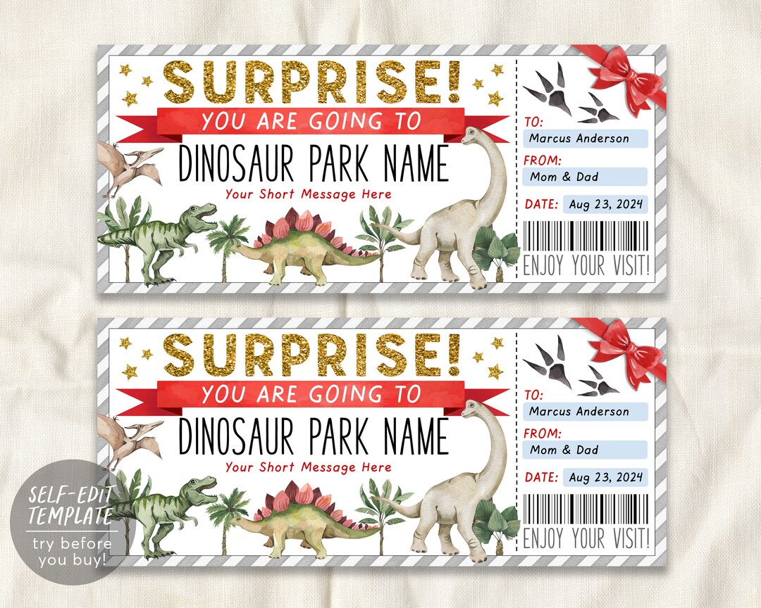 Dinosaur Park Ticket Editable Template, Surprise Dinosaur Museum ...