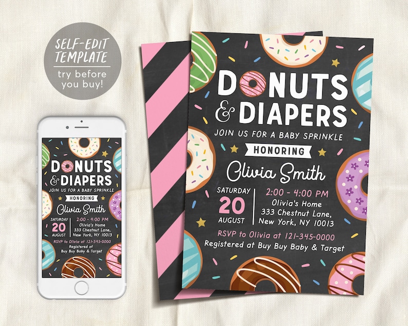 Donuts and Diapers Sprinkle Baby Shower Invitation Template, Editable ...
