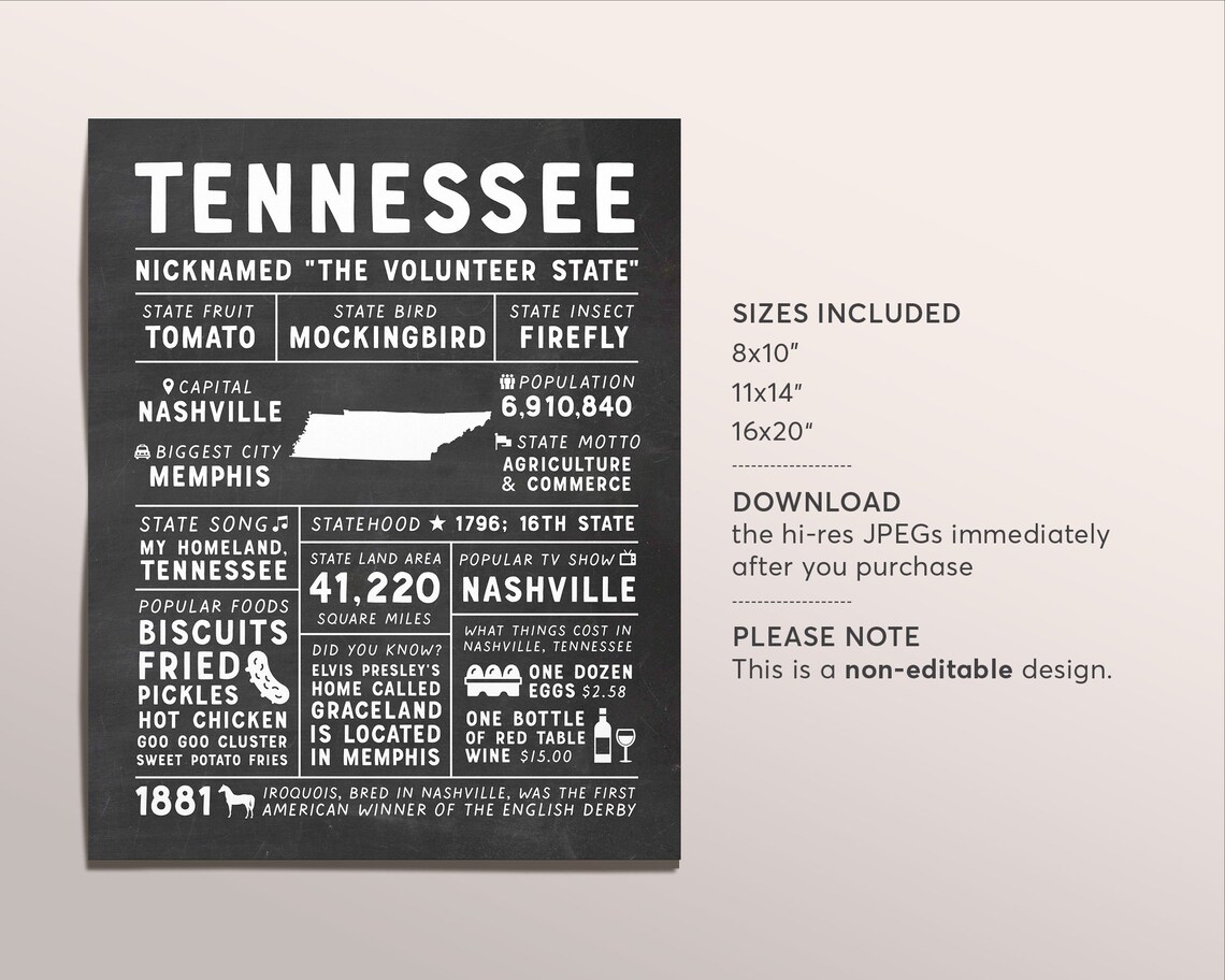 Tennessee State Wall Art Sign Poster Infographic, Chalkboard Tennessee ...