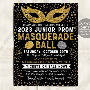 Prom Night Dance Flyer Masquerade Ball Editable Template, Junior Senior ...