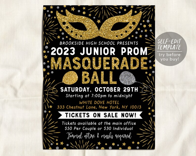 Prom Night Dance Flyer Masquerade Ball Editable Template - Etsy