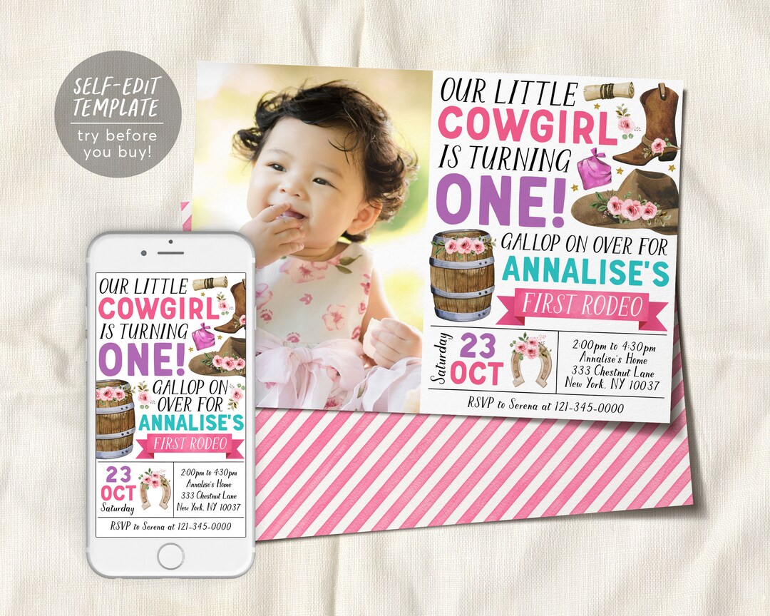 First Rodeo Birthday Invitation With Photo Editable Template, Cowgirl ...