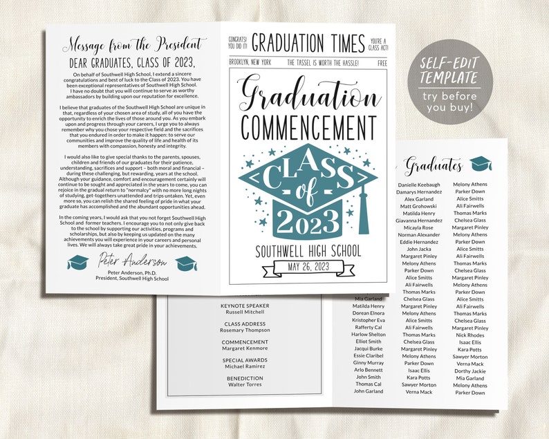Graduation Program Editable Template, Pamphlet Booklet Newspaper High ...