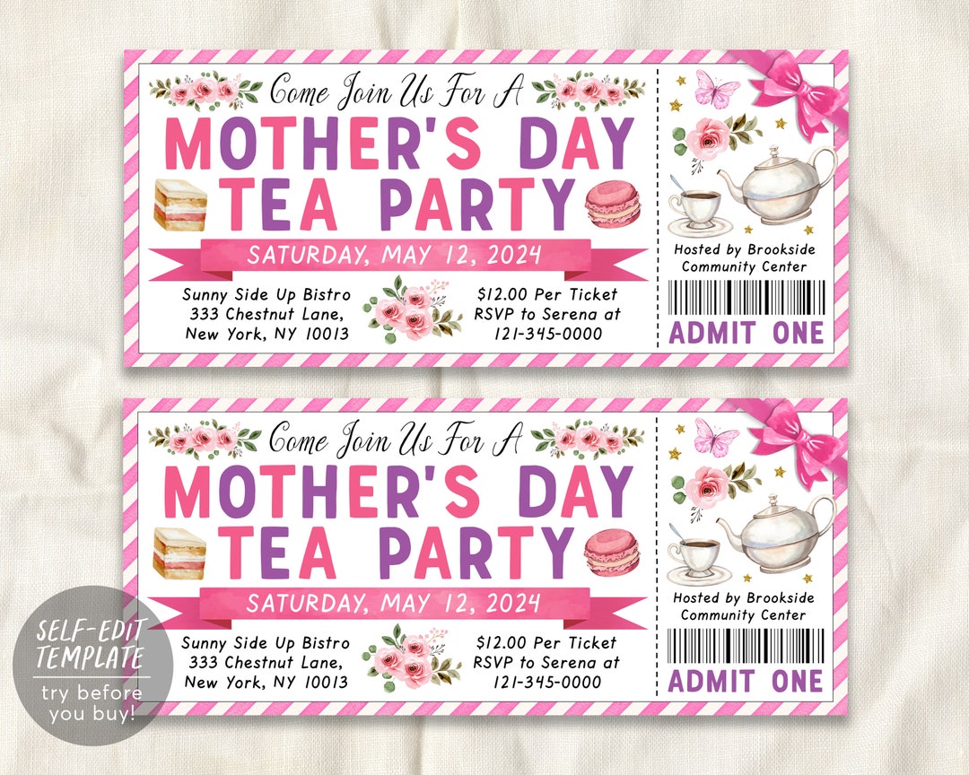 Mother's Day Tea Party Ticket Invitation Editable Template, Mothers Day ...