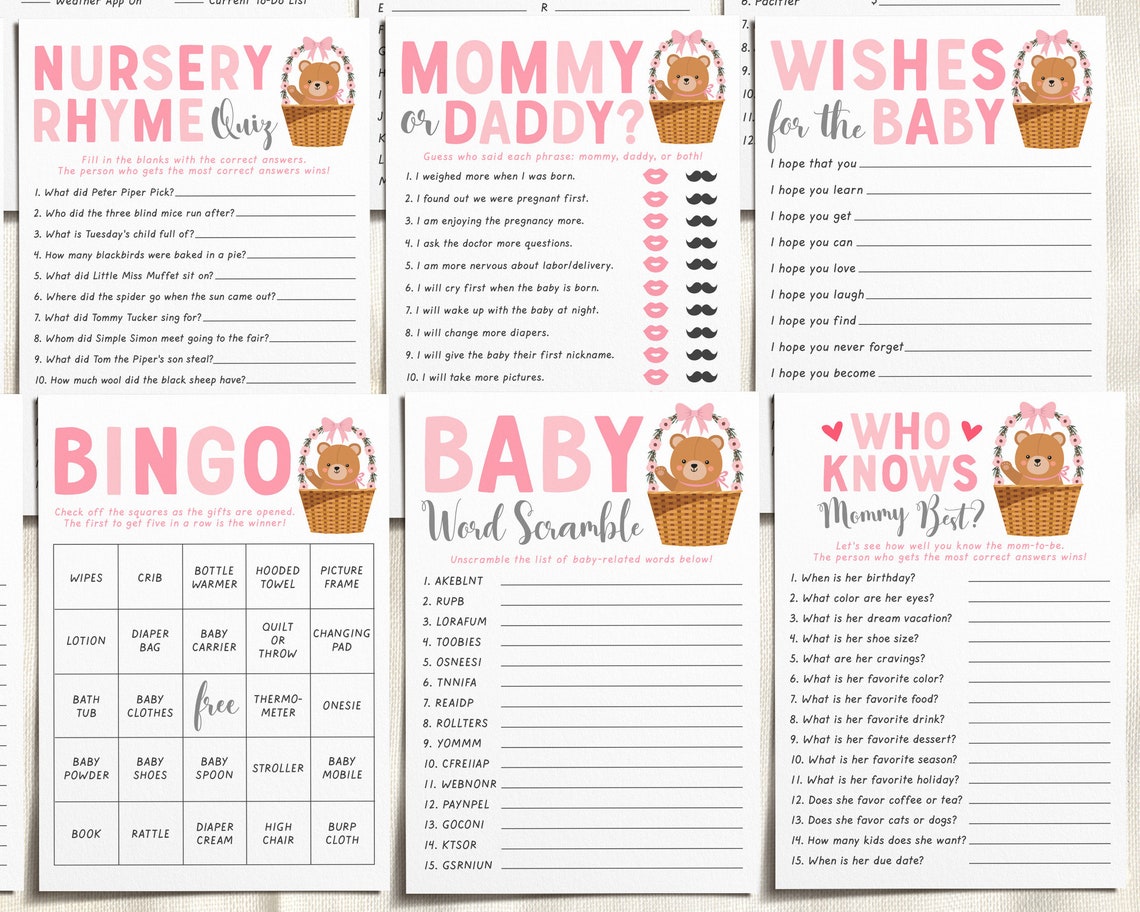 Teddy Bear GIRL Cute Baby Shower Games Bundle Editable - Etsy
