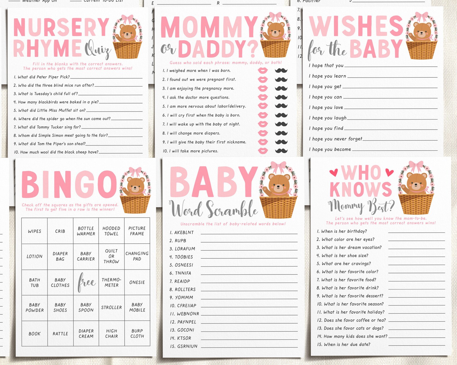 Teddy Bear GIRL Cute Baby Shower Games Bundle Editable - Etsy