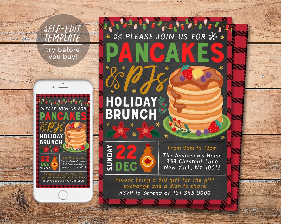 Christmas Pancakes and Pjs Holiday Brunch Invitation Editable Template ...