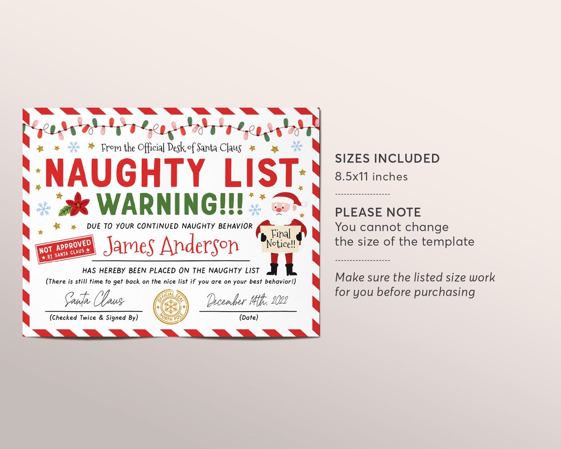 Santa's Naughty List Certificate Editable Template Not - Etsy