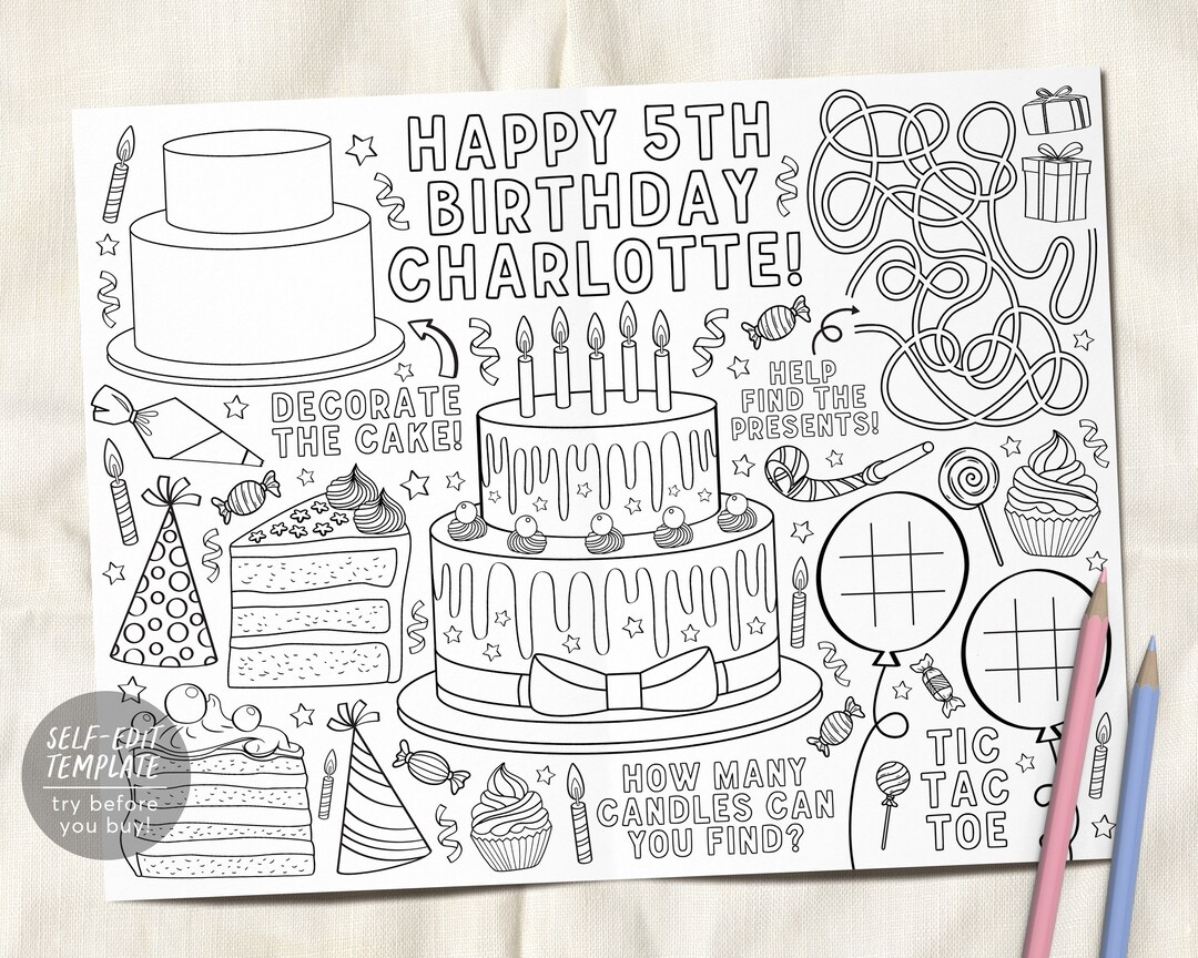Birthday Party Coloring Placemat for Kids Editable Template, Birthday ...