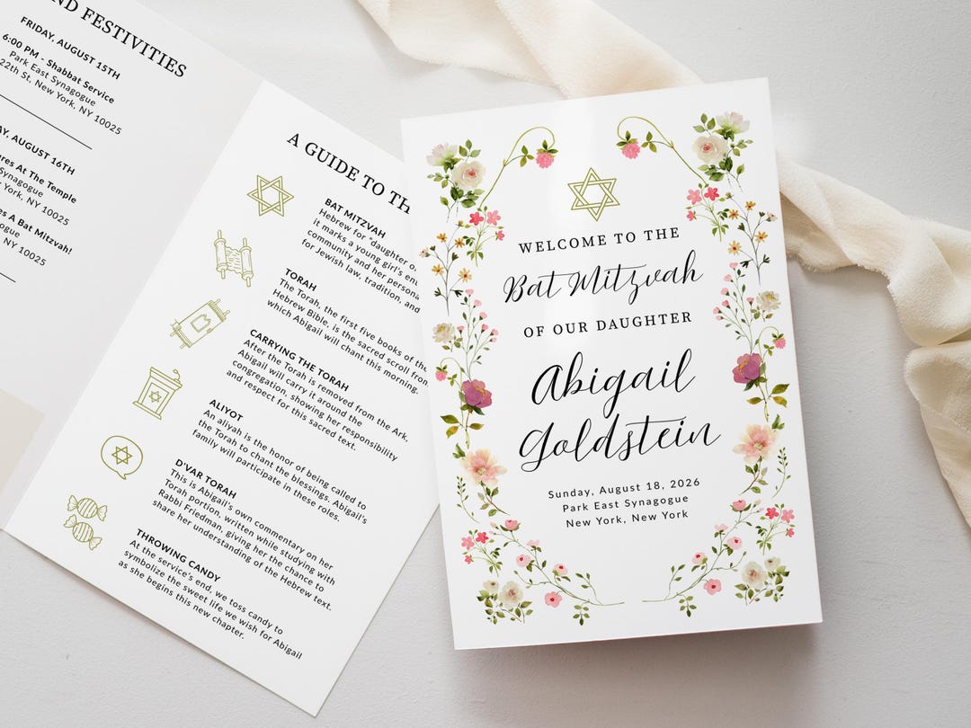 Bat Mitzvah Program Template, Wildflower Boho Jewish Ceremony Folded ...