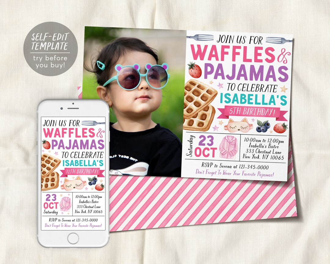 Waffles and Pajamas Birthday Invitation With Photo Editable Template ...