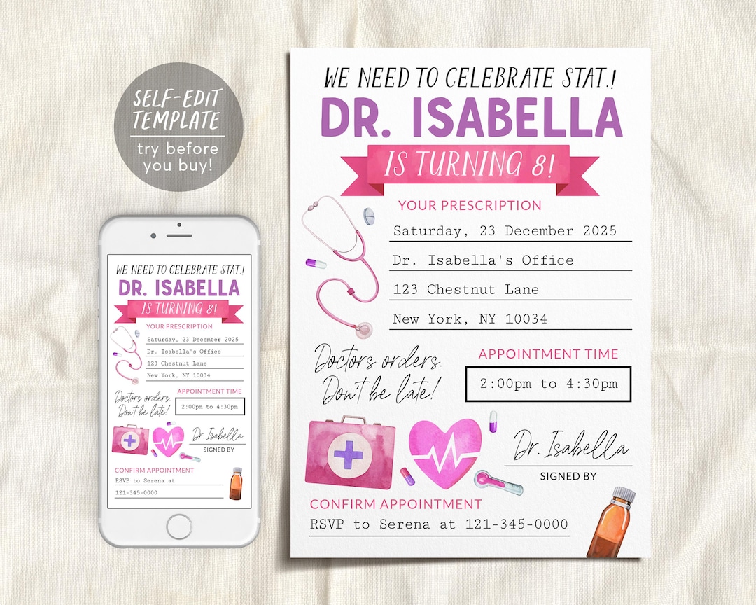 Medical Themed Birthday Invitation Editable Template, Kids Girl Doctor ...