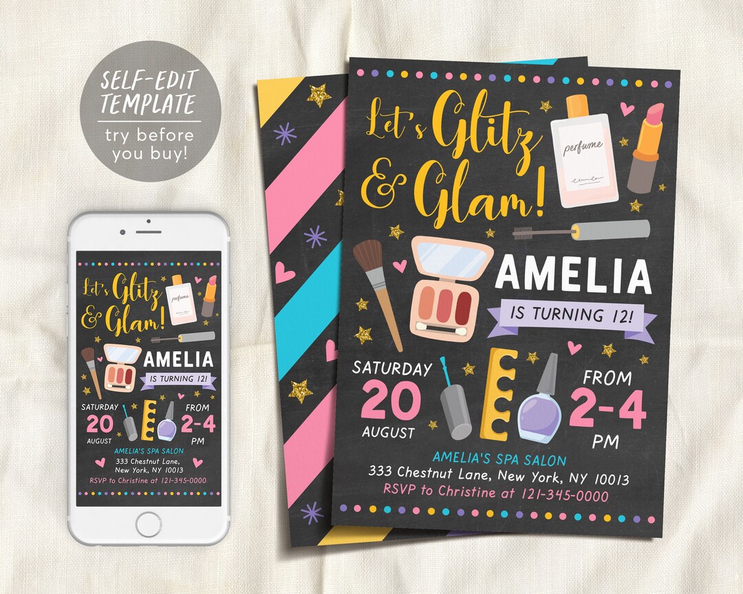 Editable Glitz and Glam Makeover Invitation Template, Glamour Makeup ...