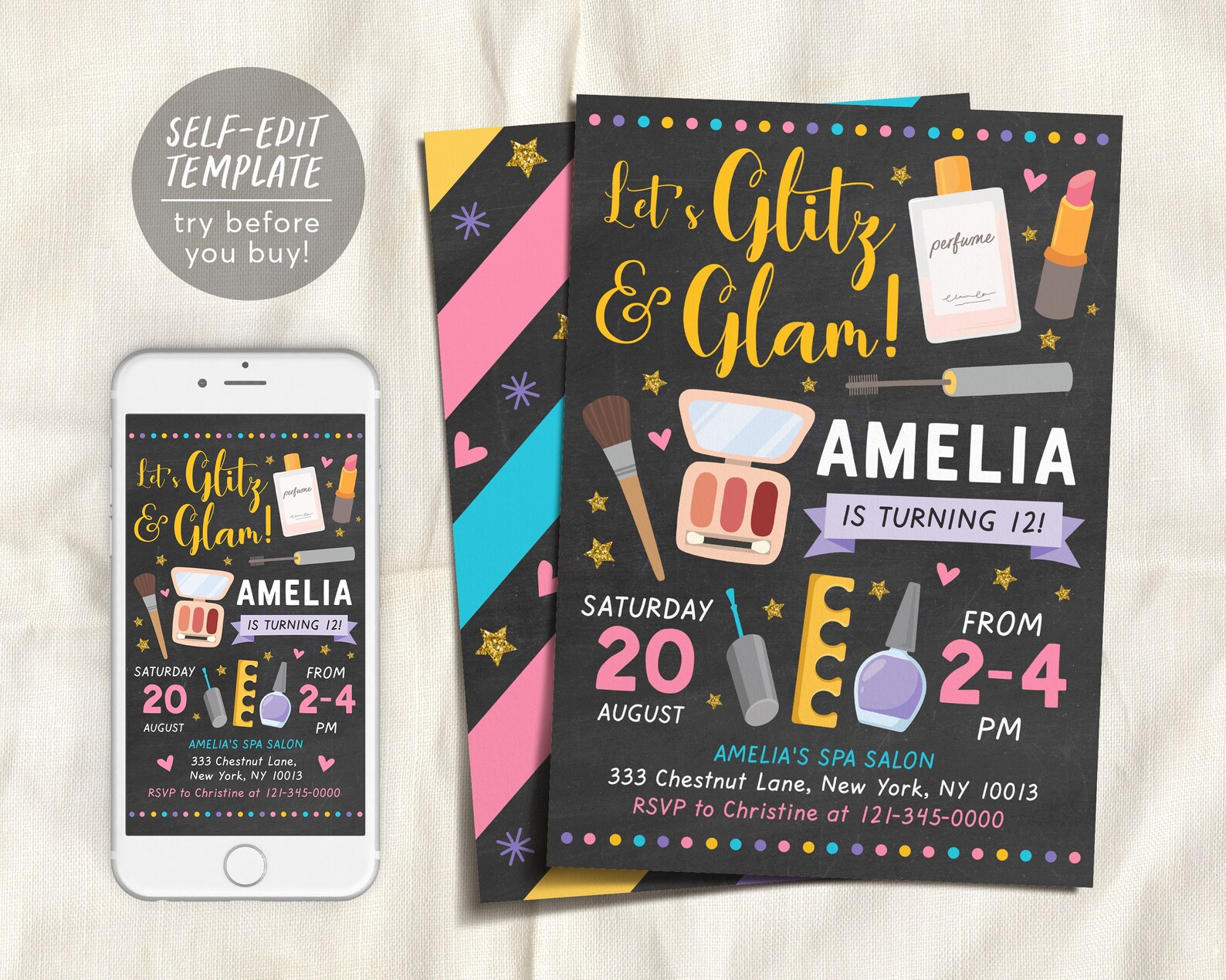 Editable Glitz and Glam Makeover Invitation Template, Glamour Makeup ...