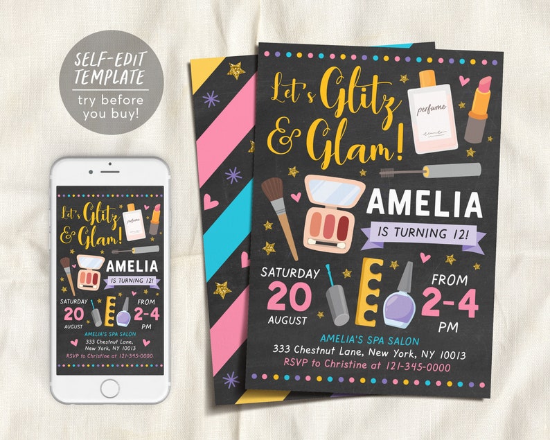 Editable Glitz and Glam Makeover Invitation Template, Glamour Makeup ...