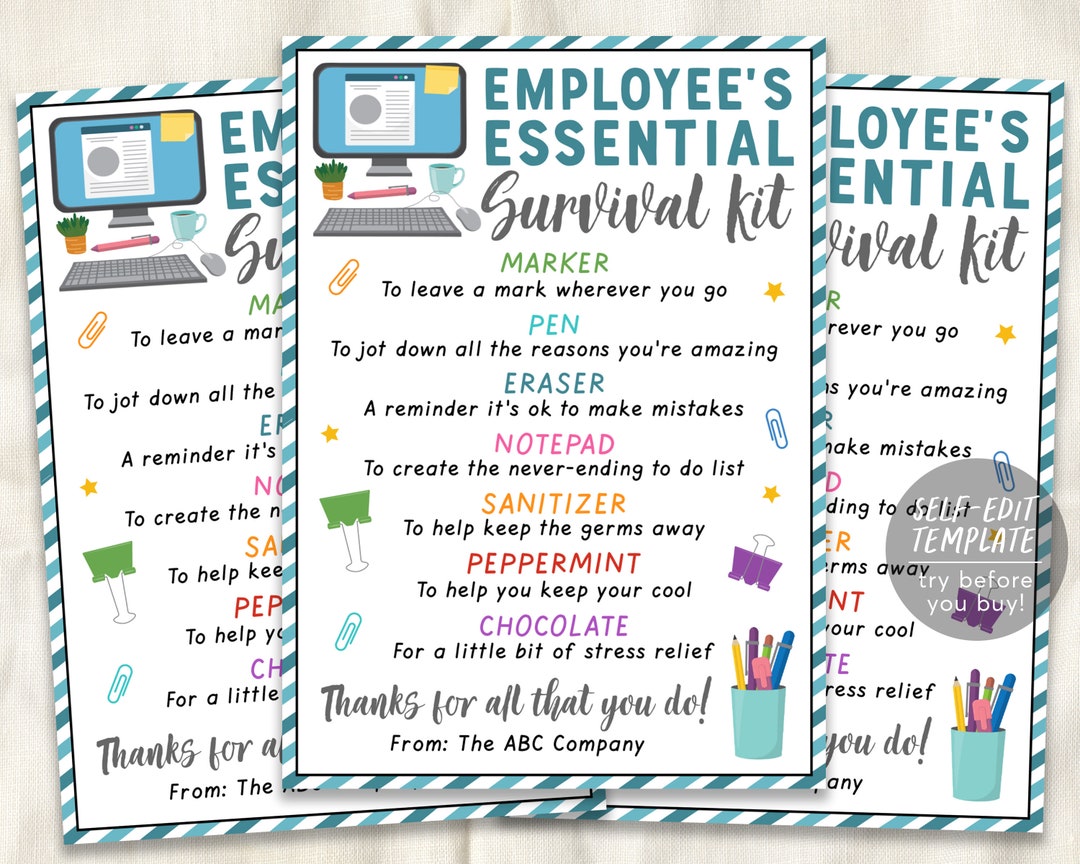 Employee Survival Kit Gift Tags Editable Template, Employee ...