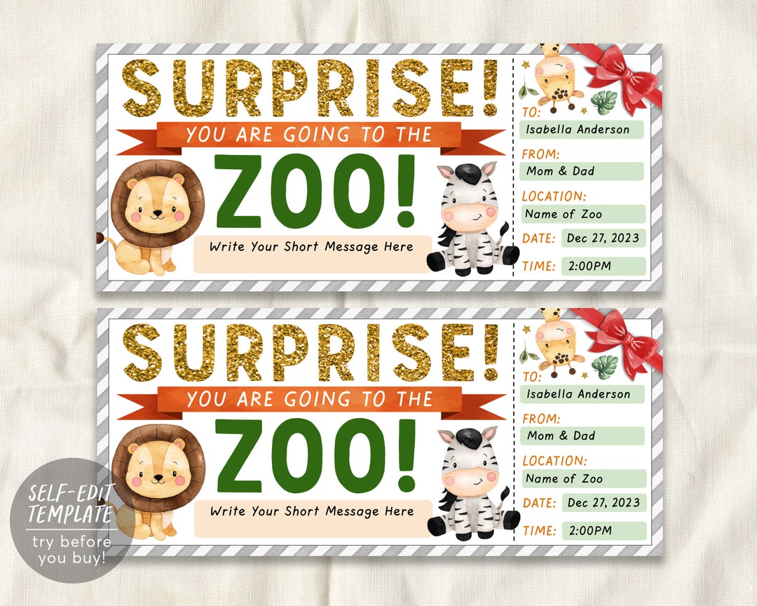 Zoo Ticket Editable Template, Surprise Birthday Gift for Kids, Zoo ...