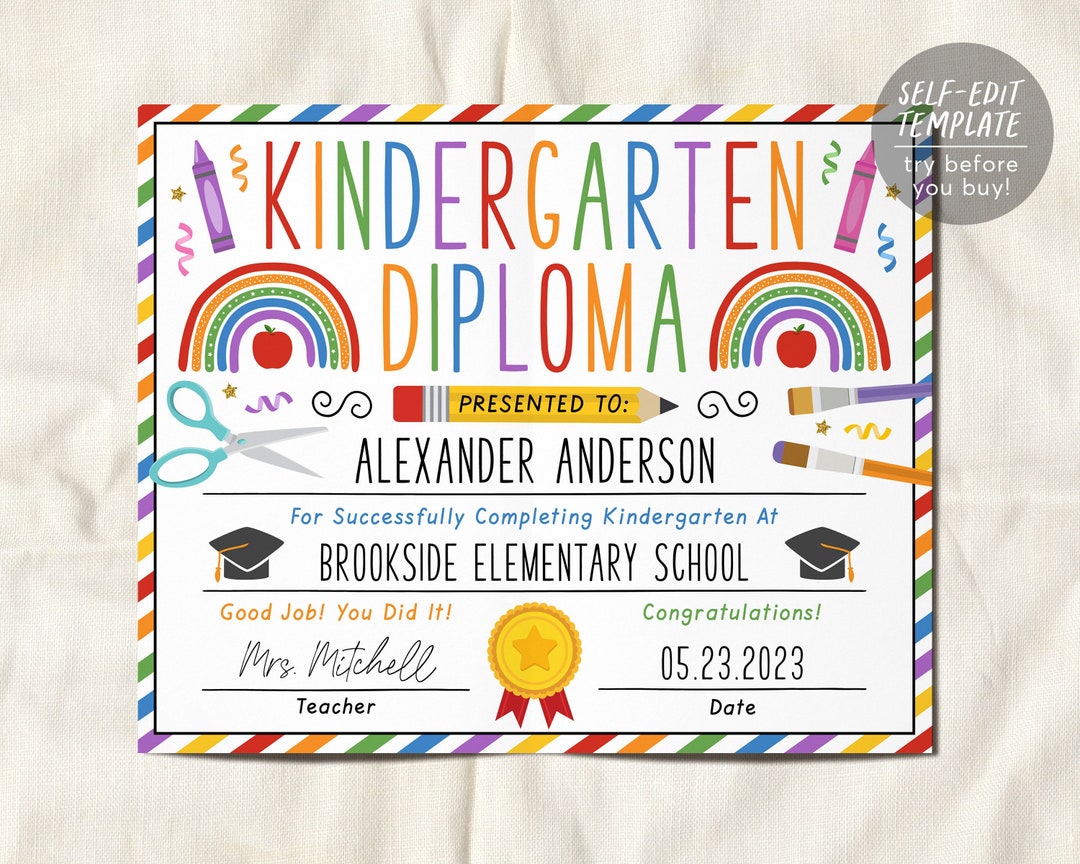Kindergarten Graduation Diploma Editable Template, Kindergarten ...