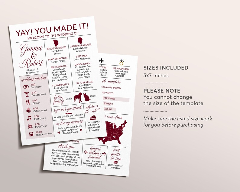 Infographic Wedding Program Template Burgundy Wedding - Etsy