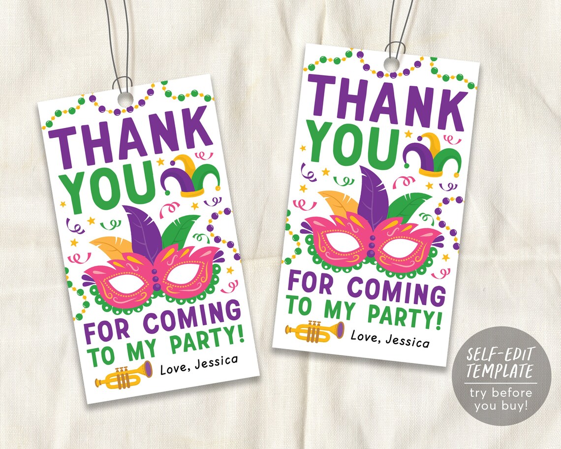 Mardi Gras Favor Tags Editable Template, Mardi Gras Themed Thank You ...